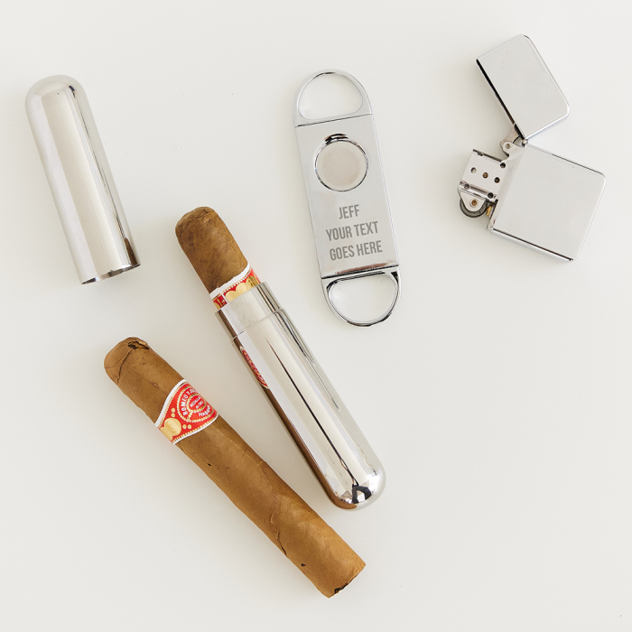 Personalized Silver Stainless Steel Cigar Cutter And Travel Tube Gift ...